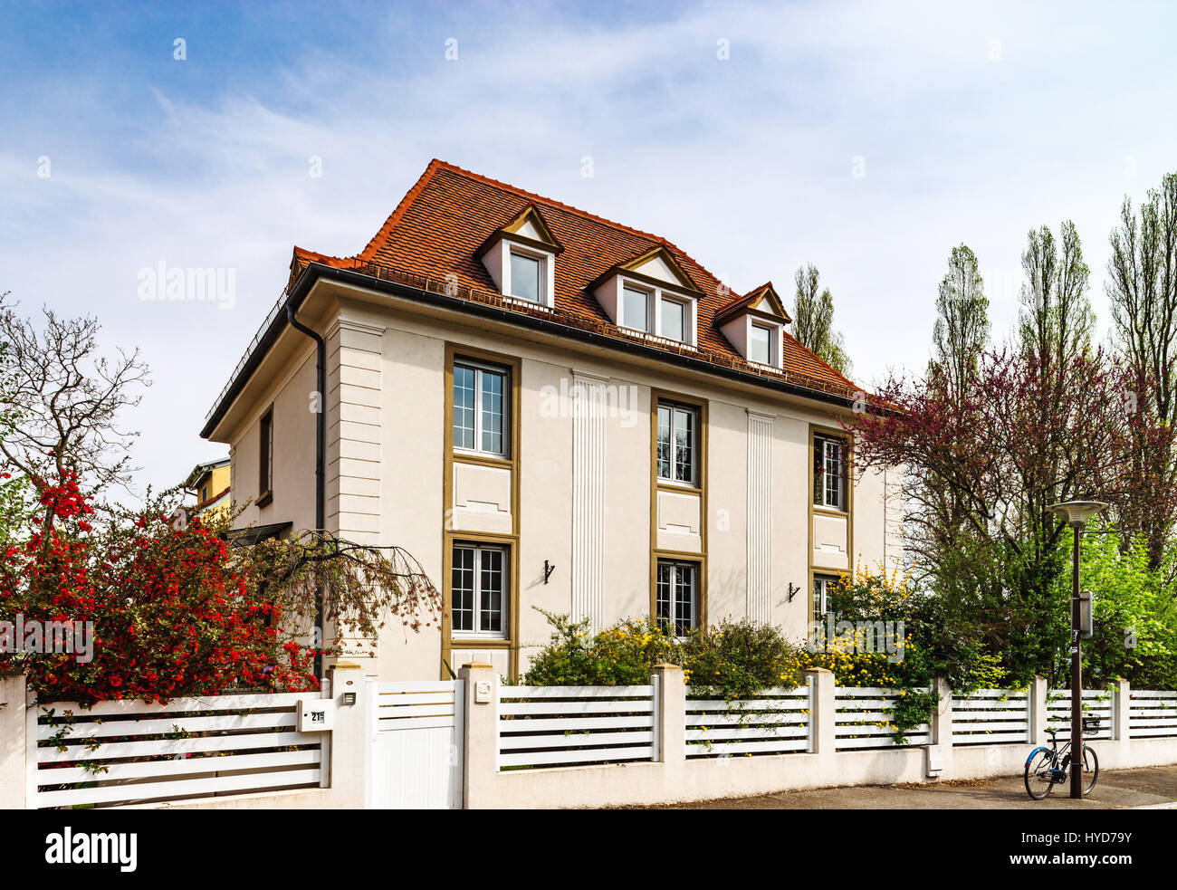 Classic french house in residential district of Strasbourg, blossom ...