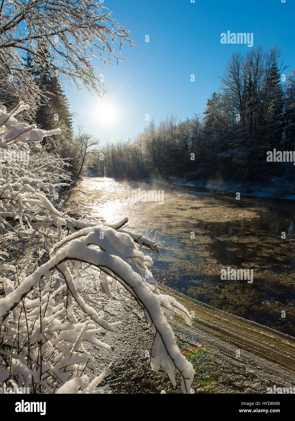 snowy winter river landscape with snow covered trees and blue sky Stock ...