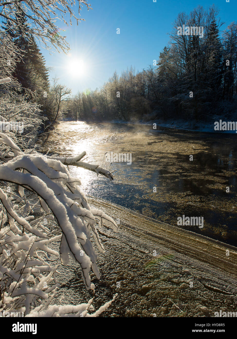 snowy winter river landscape with snow covered trees and blue sky Stock ...