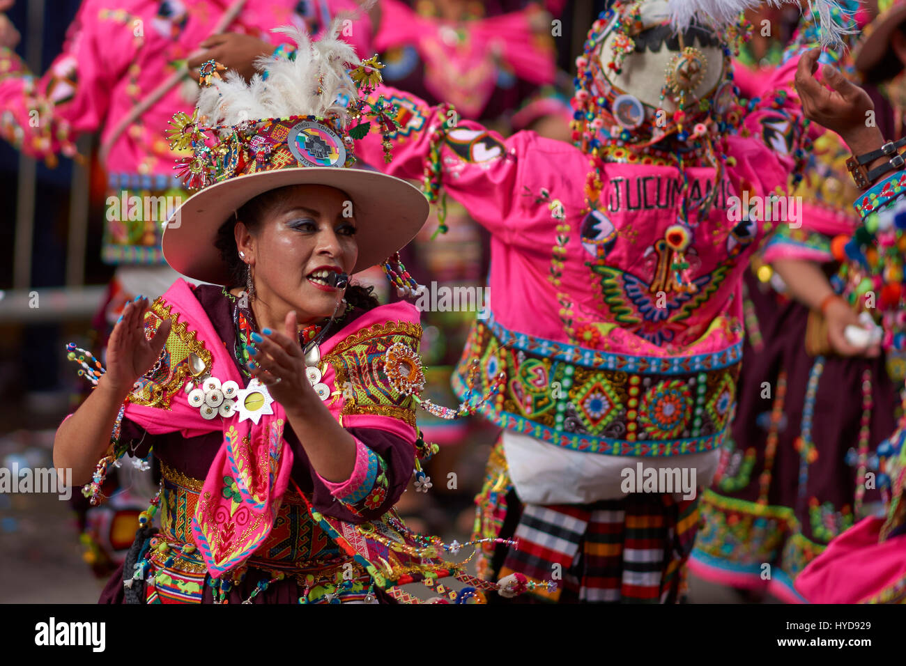 Tinkus dancers in colourful costumes at the annual Oruro Carnival. The ...