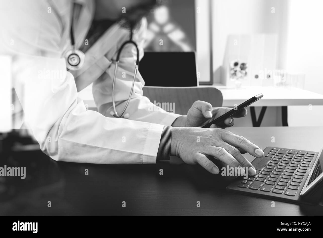 Medical technology concept. Doctor working with smart phone and ...