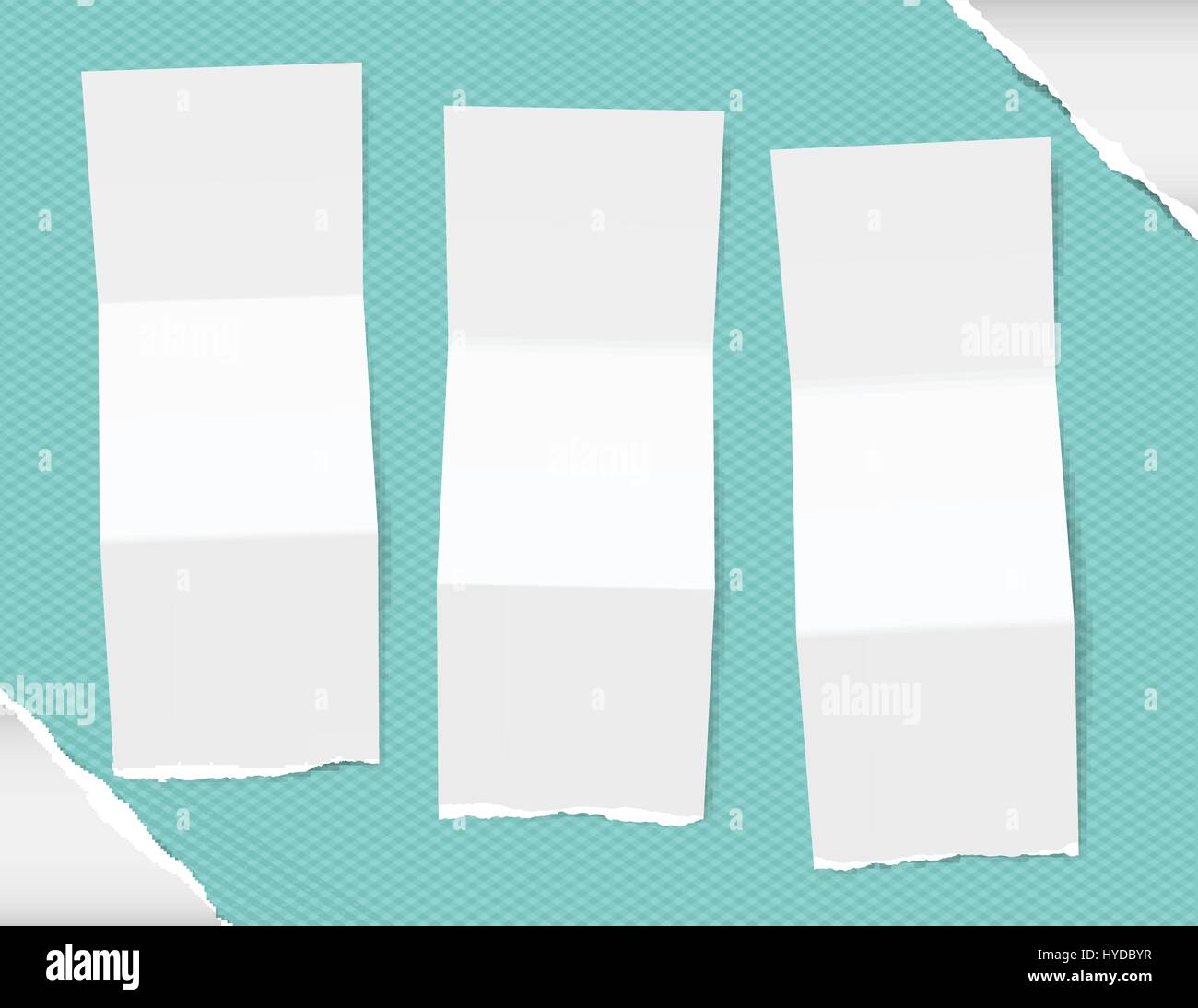 Torn folded white letter, brochure, leaflet with shadow on turquoise ...