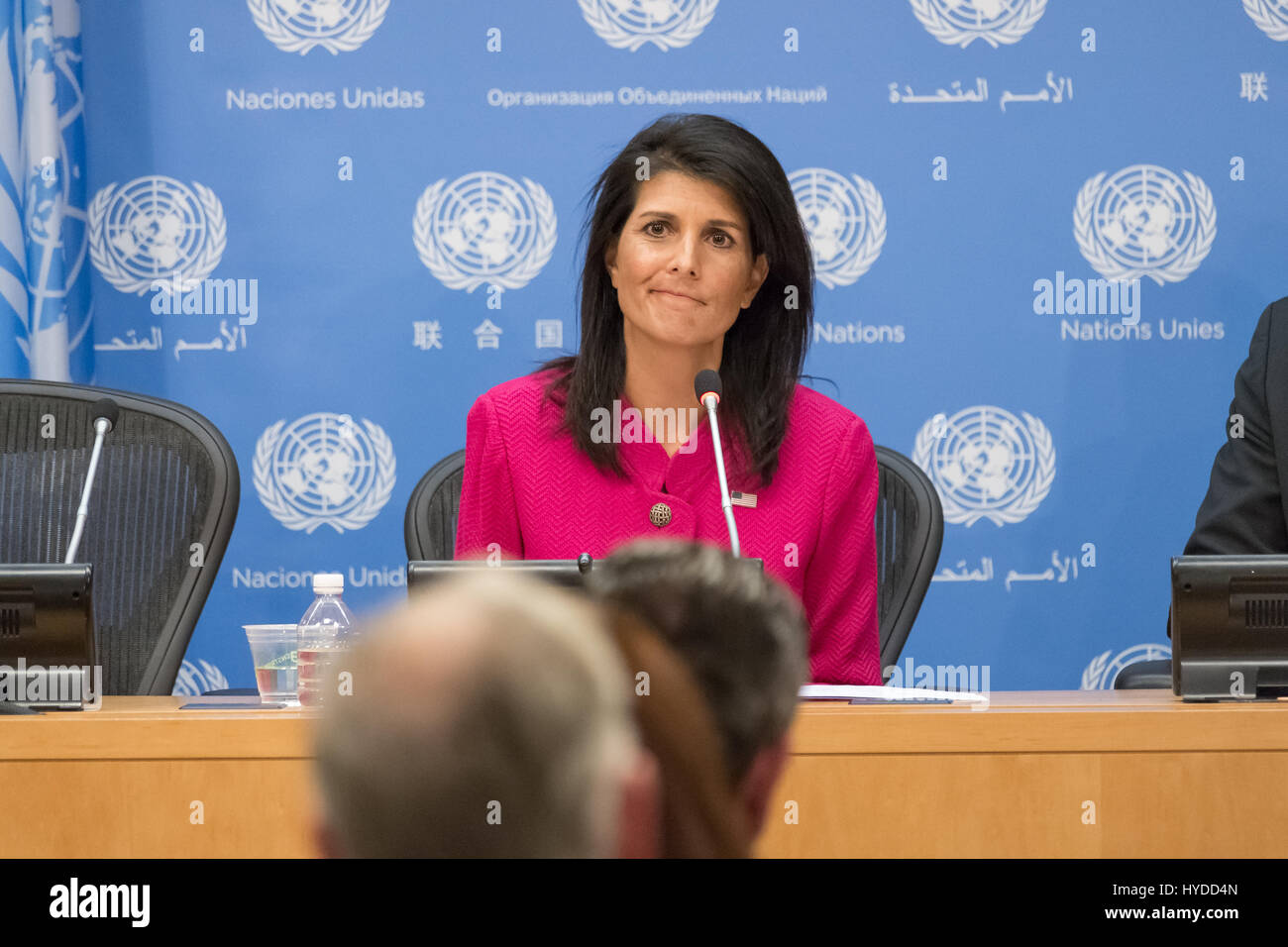 New York, USA. 03rd Apr, 2017. Ambassador Nikki Haley is seen in the UN press briefing room. On ...