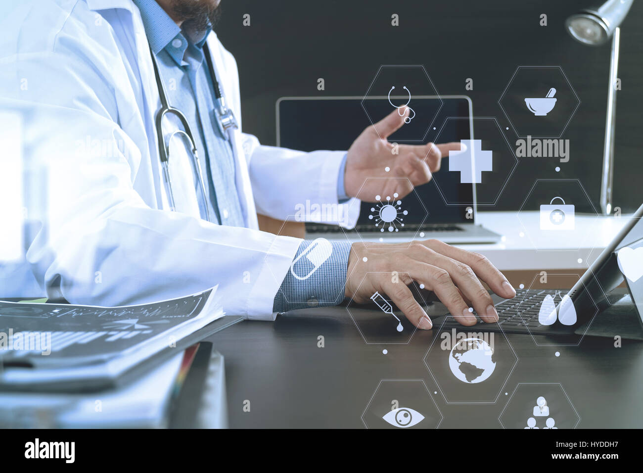 Medical technology concept. Doctor working with smart phone and ...
