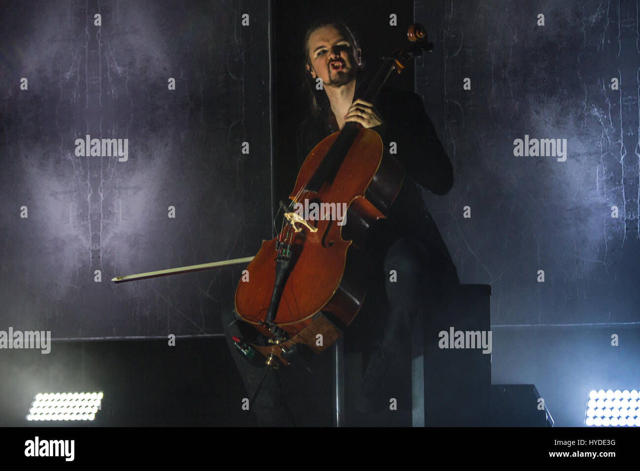 Finnish band Apocalyptica playing Metallica songs live in concert hall ...