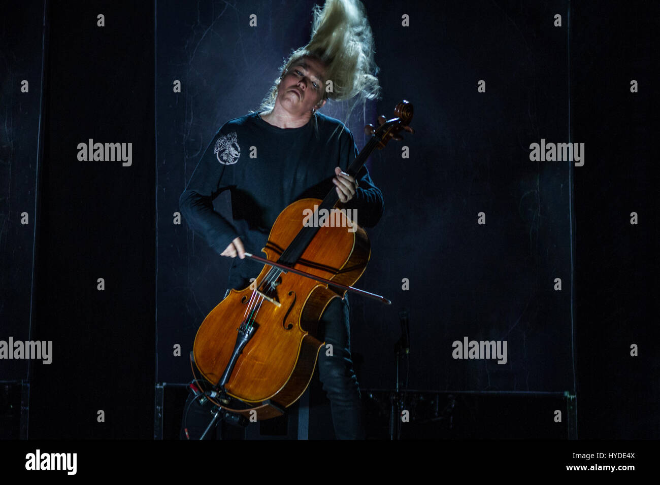 Finnish band Apocalyptica playing Metallica songs live in concert hall ...