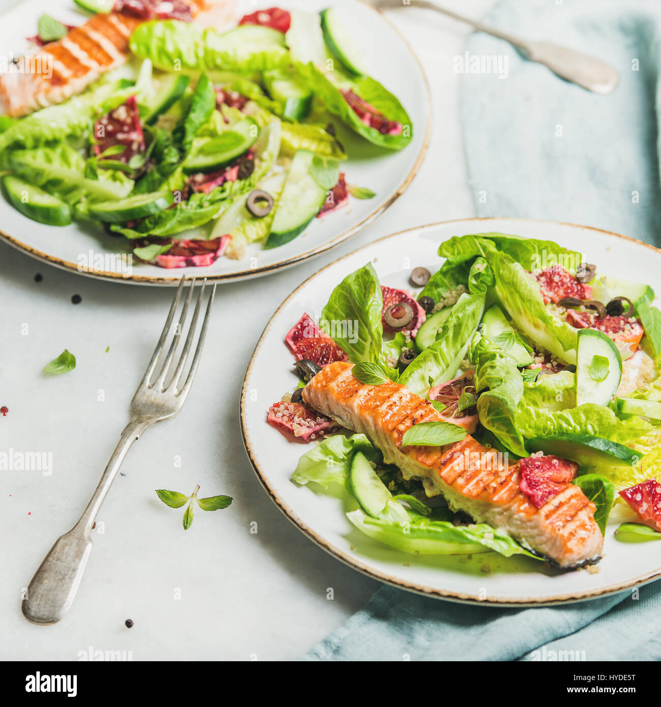 Healthy spring salad with grilled salmon, orange and quinoa Stock Photo ...