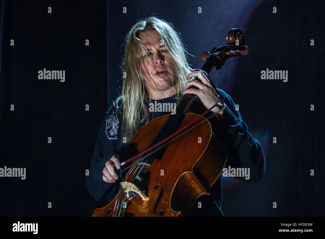 Finnish band Apocalyptica playing Metallica songs live in concert hall ...