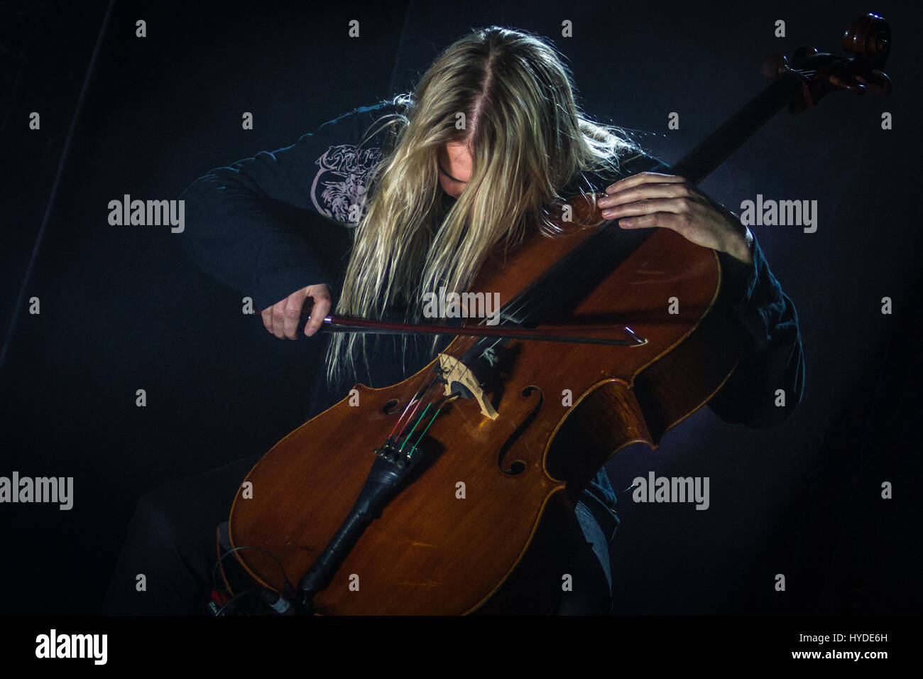 Finnish band Apocalyptica playing Metallica songs live in concert hall ...