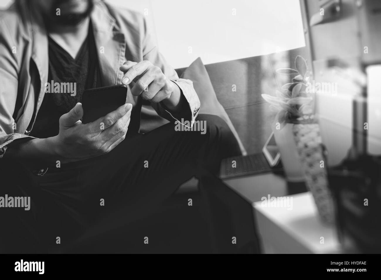 Social media using tablet computer Black and White Stock Photos ...