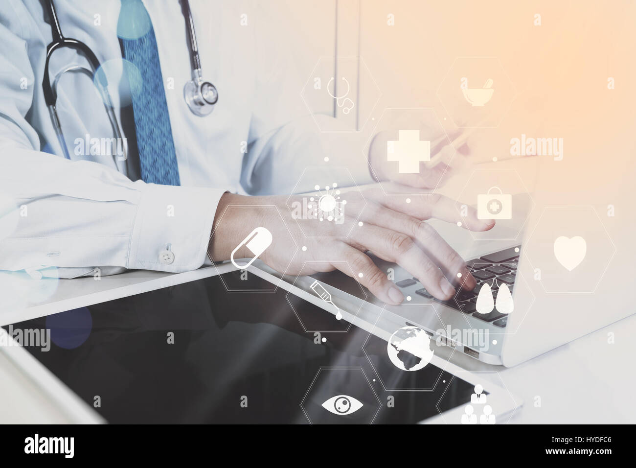 Medical technology concept. Doctor working with smart phone and ...