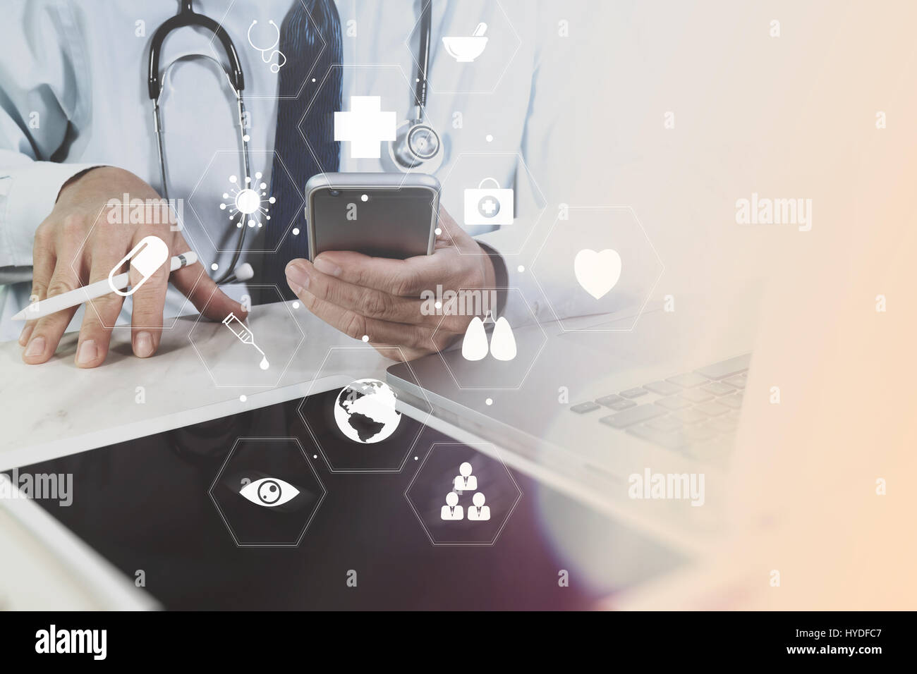 Medical technology concept. Doctor working with smart phone and ...
