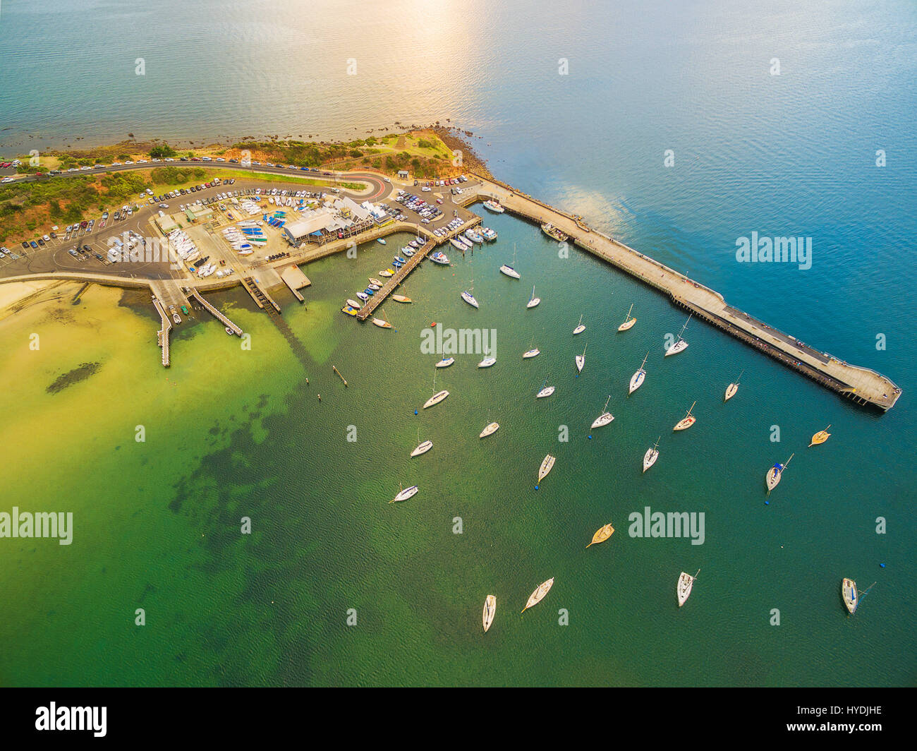 Aerial drone view of Mornington Pier and Yacht club with moored boats ...