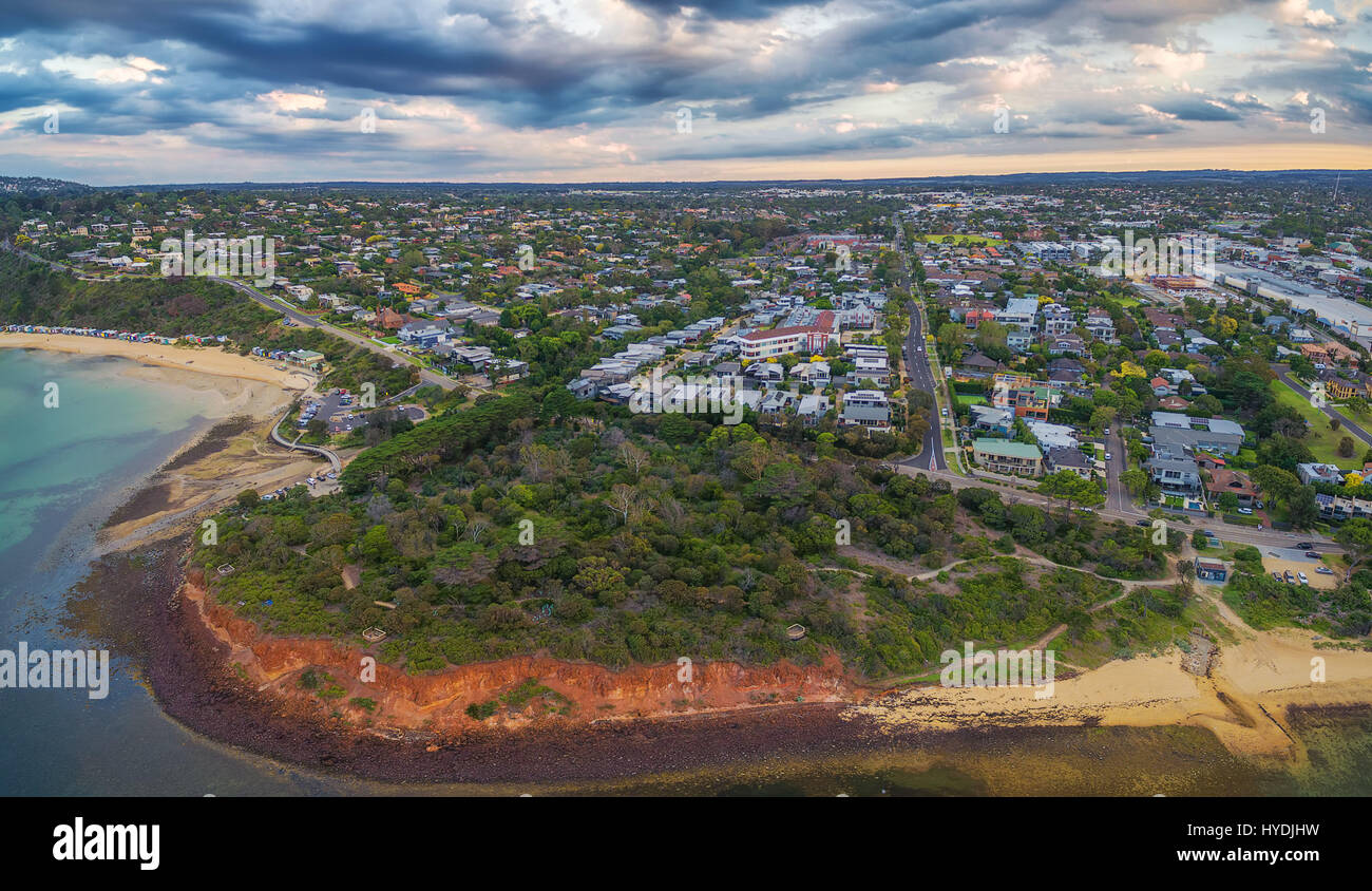 Aerial panorama of coastline, beaches and Australian suburban area at ...