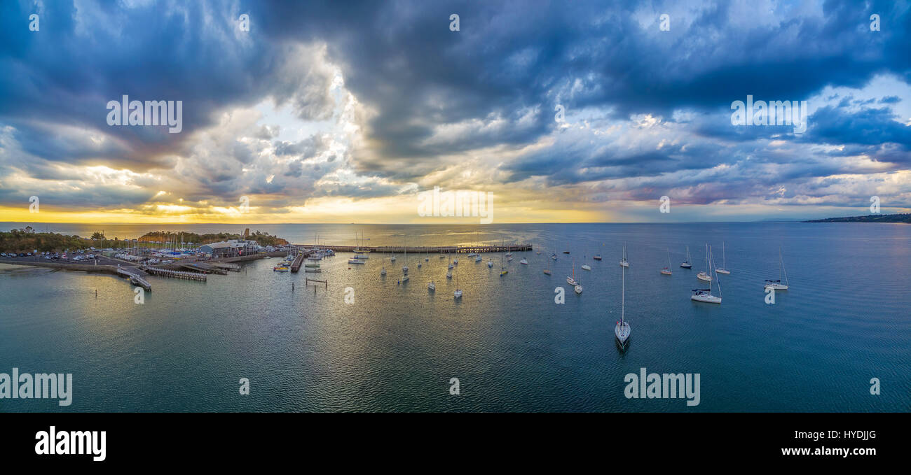 Aerial Panorama of Mornington Pier and moored yachts at beautiful vivid ...