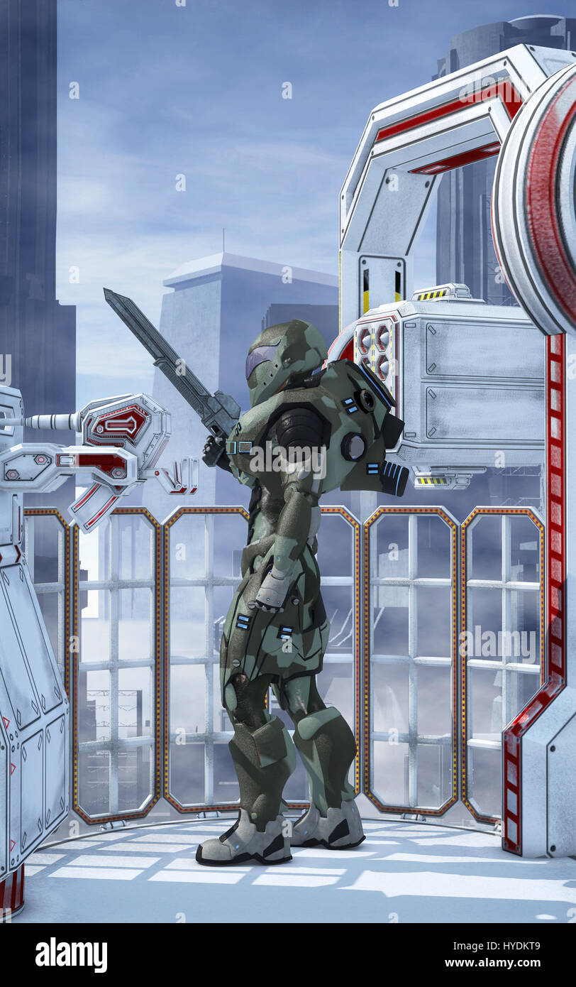 futuristic soldier guardian 3D render science fiction illustration ...