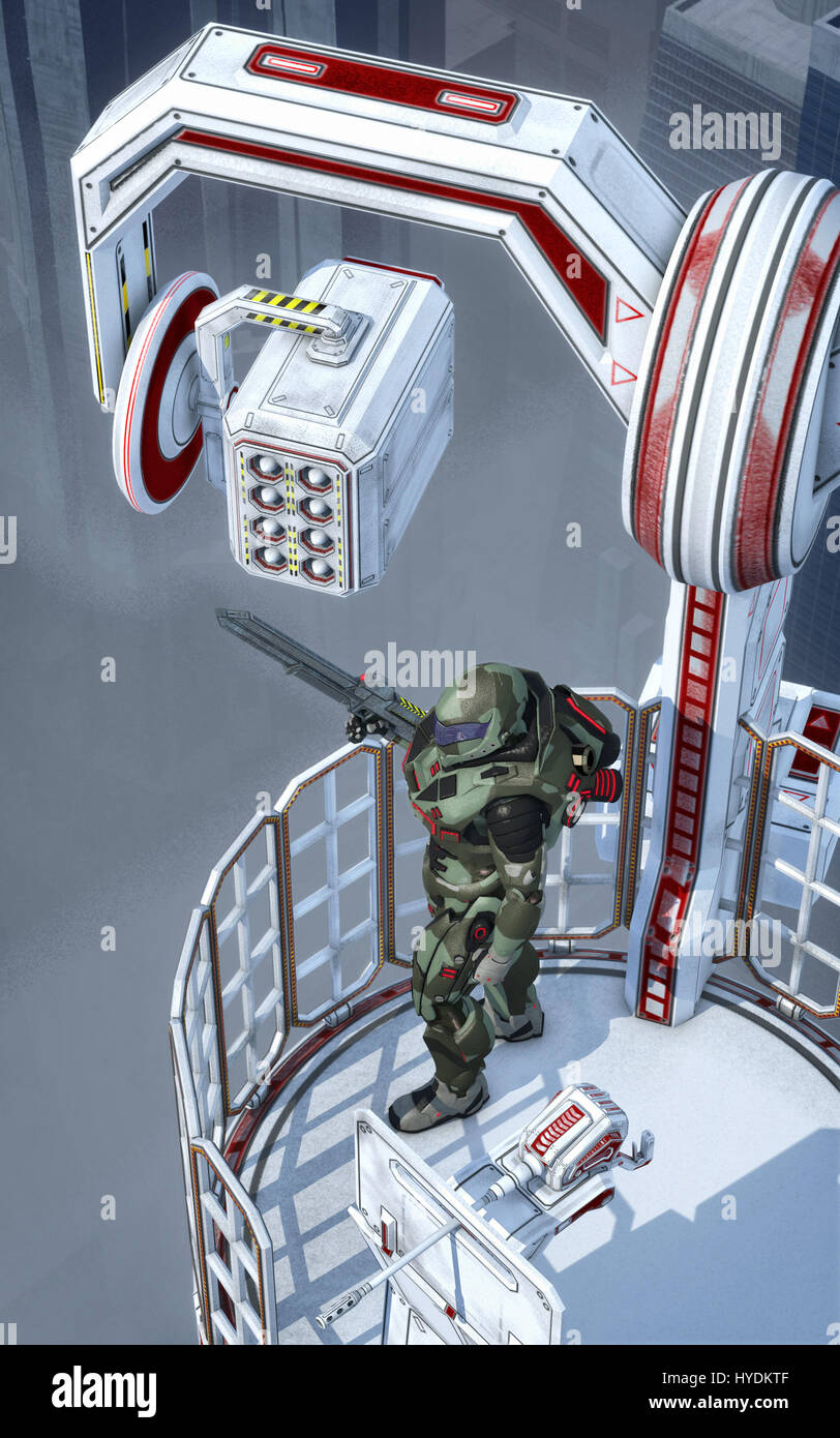 futuristic soldier guardian tower 3D render science fiction ...