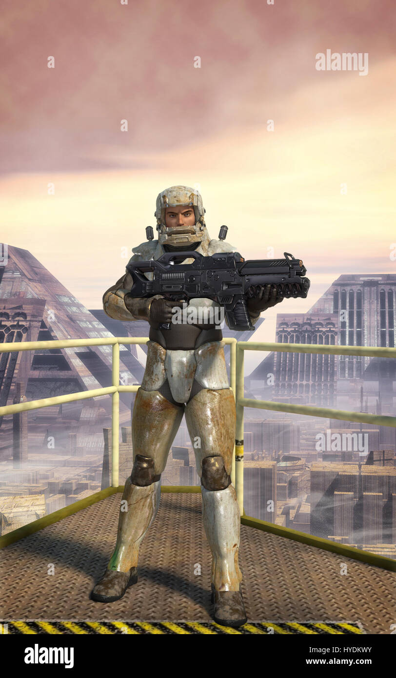 futuristic soldier sentinel 3D render science fiction illustration ...