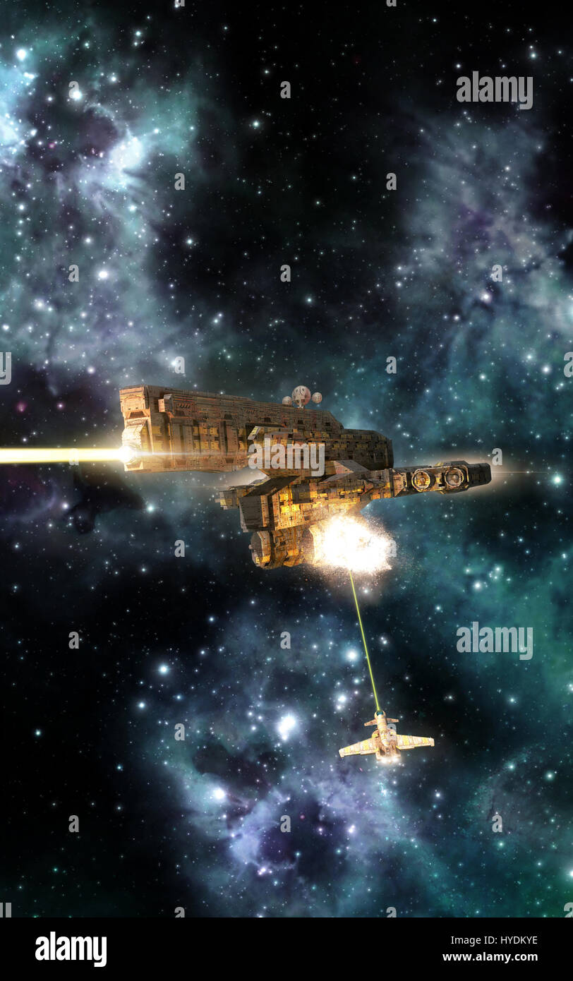 spaceship gunship battle 3D render science fiction illustration Stock ...
