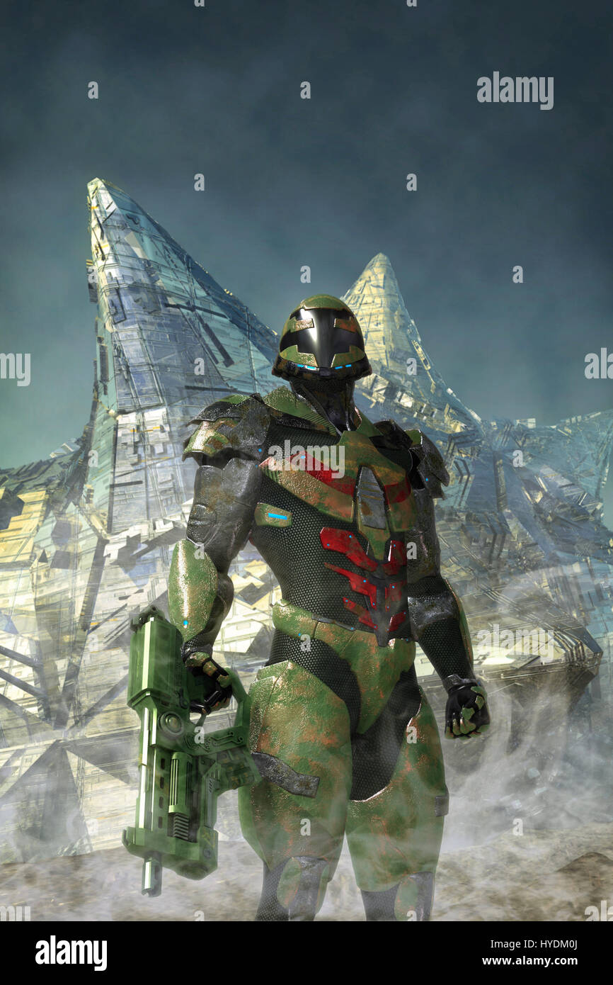 battle worn space trooper 3D render science fiction illustration Stock ...