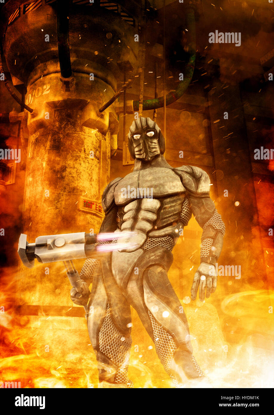 futuristic soldier with hammer 3D render science fiction illustration ...