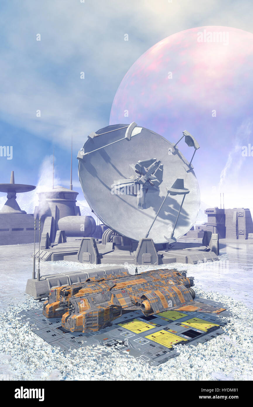 spaceship landed frozen outpost 3D render science fiction illustration ...