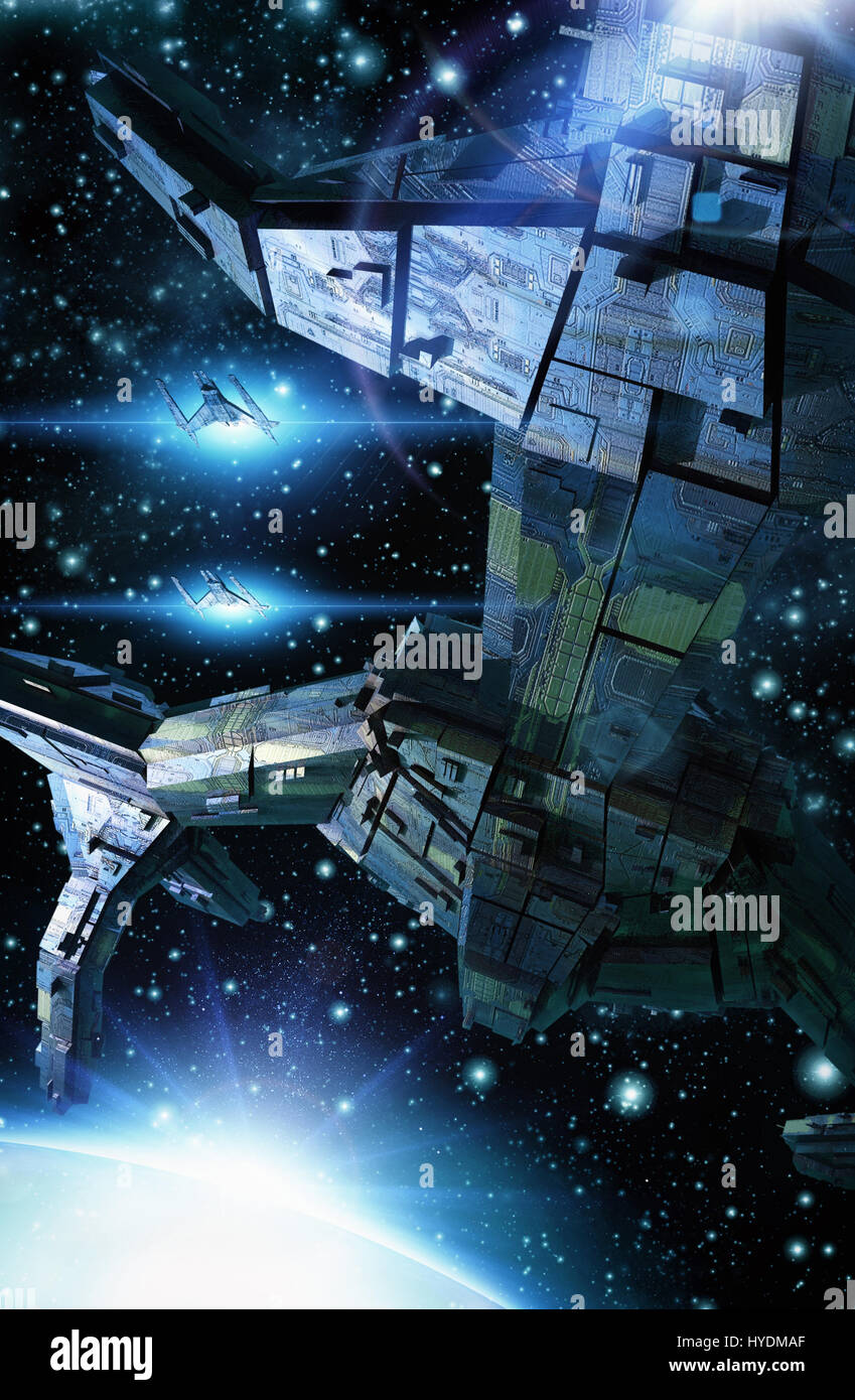 spaceship fighters and sun 3D render science fiction illustration Stock ...