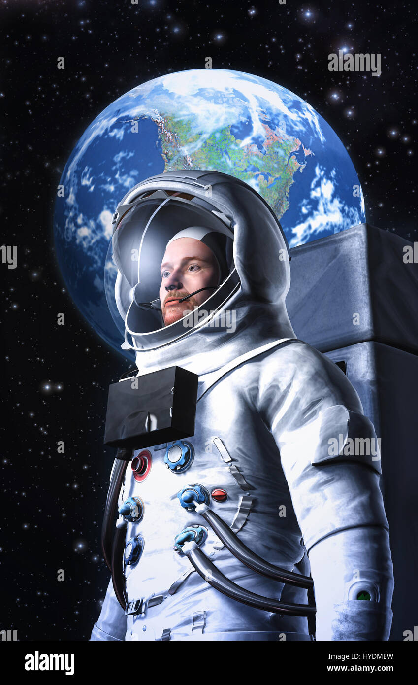 astronaut and planet Earth 3D render science fiction illustration Stock ...