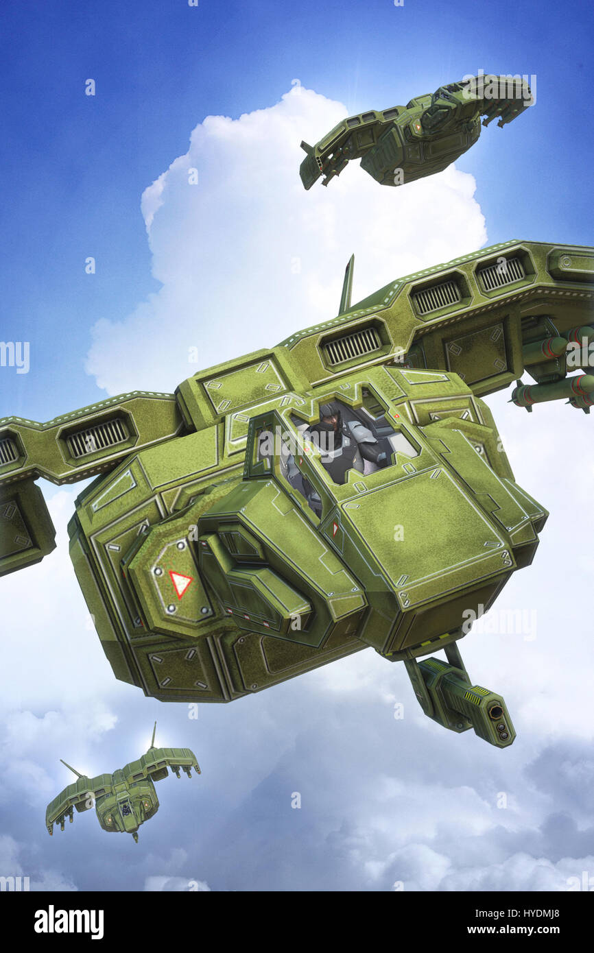 spaceship fighter on planetary patrol 3D render science fiction ...