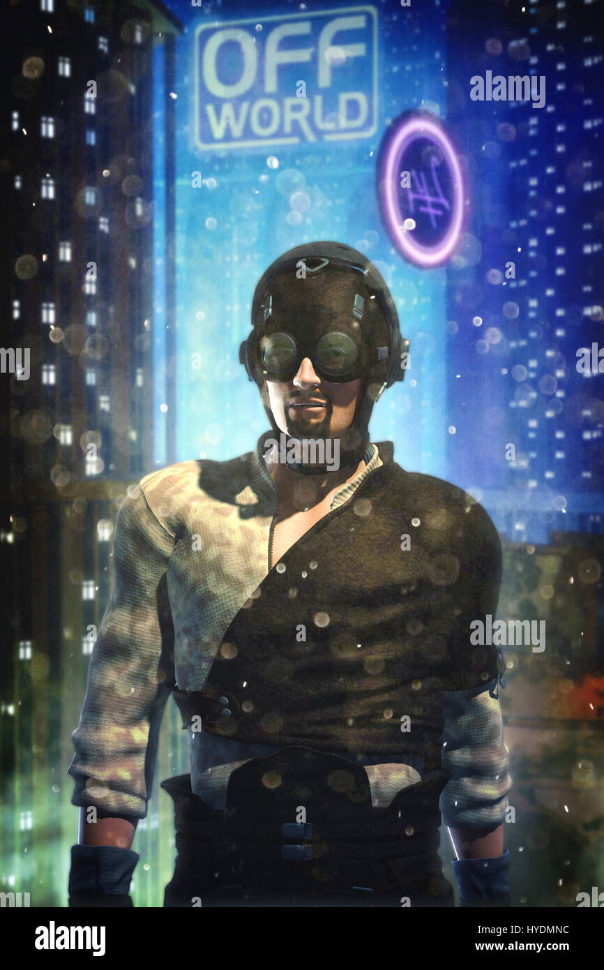 future man and city 3D render science fiction illustration Stock Photo ...