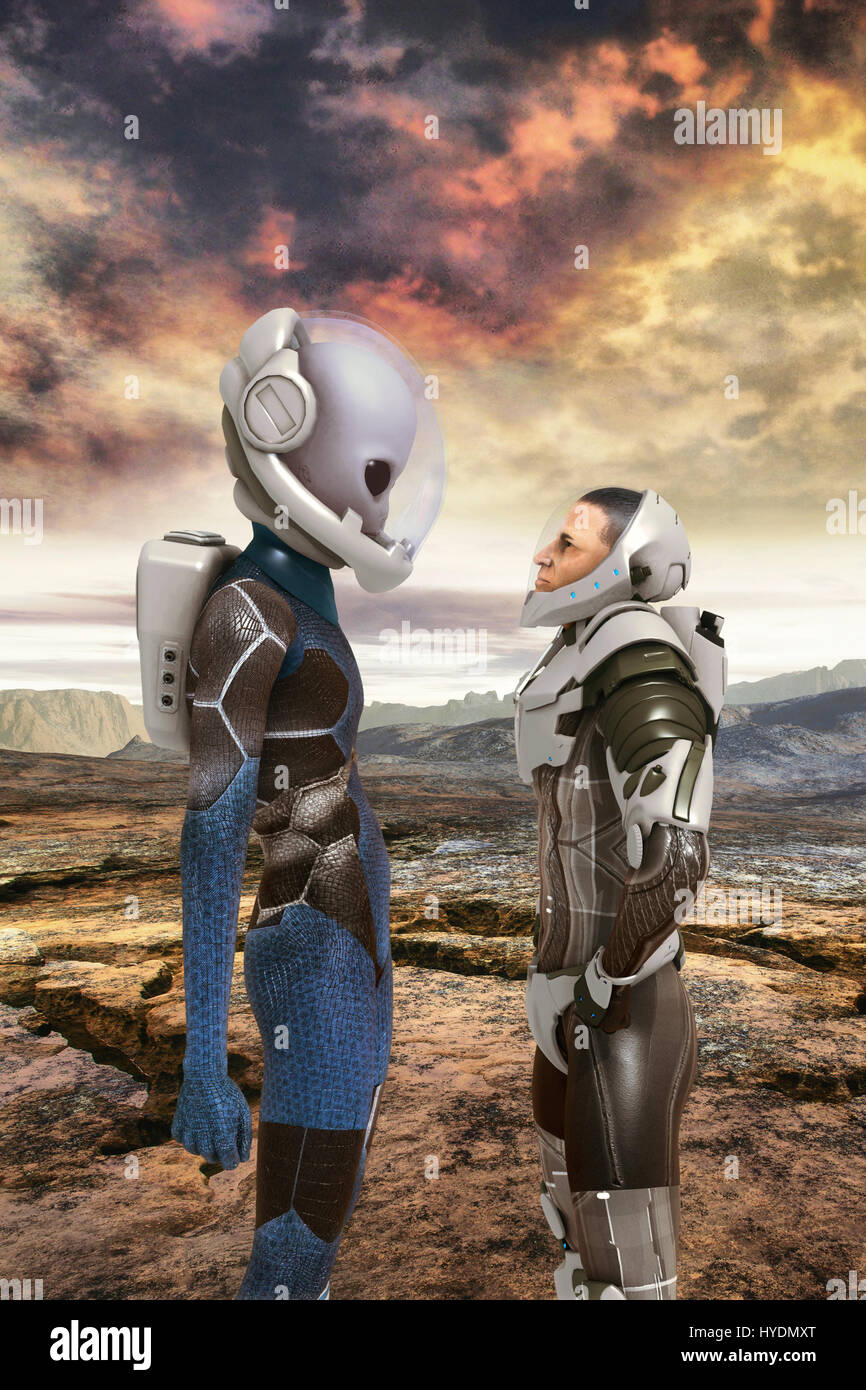 alien and human astronauts 3D render science fiction illustration Stock ...