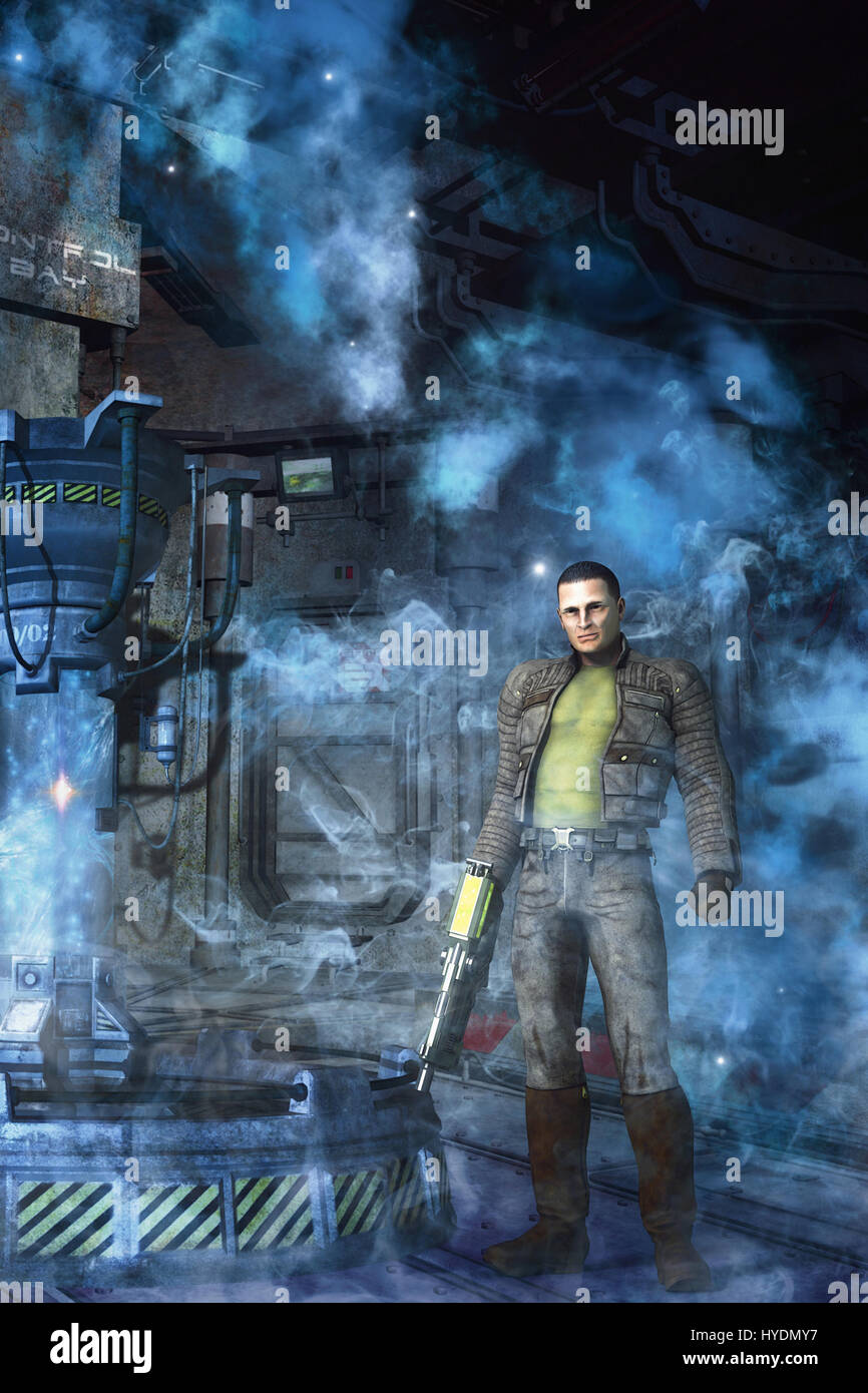 futuristic adventurer and factory 3D render science fiction ...