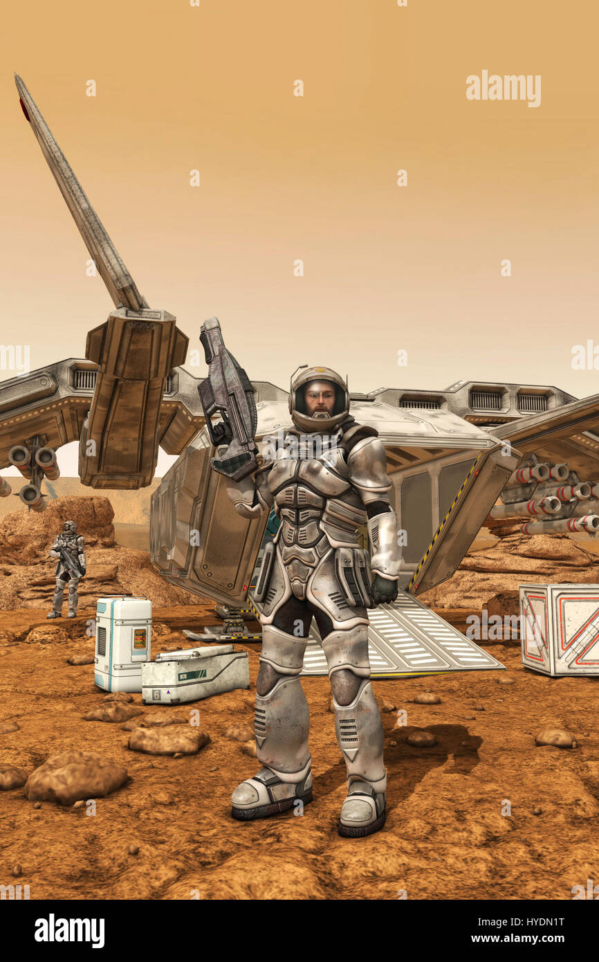 military astronaut on mars outpost 3D render science fiction ...