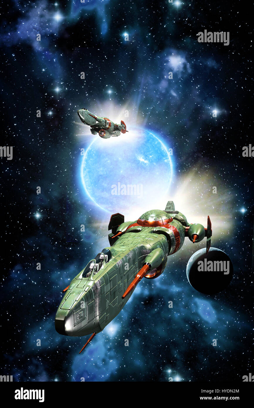 space fighter spaceship and blue sun 3D render science fiction ...