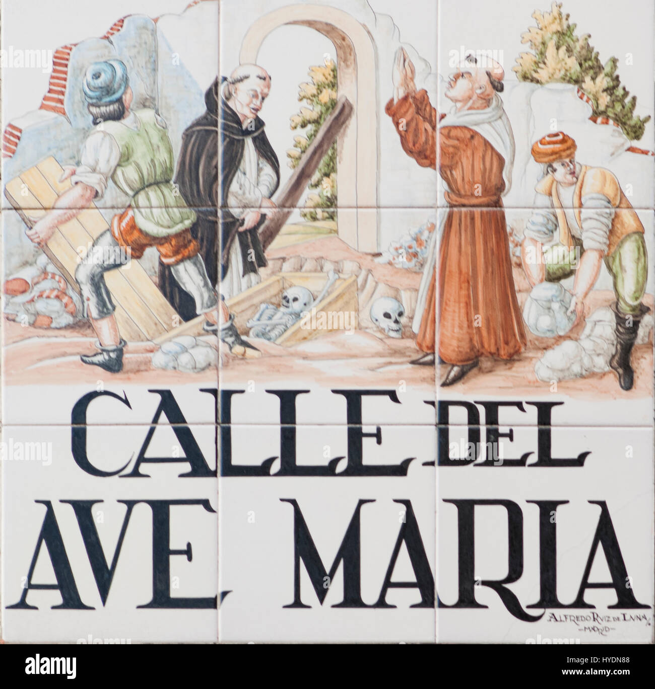 Ceramic street sign in Madrid, Spain. Calle del Ave Maria (Hail Mary ...