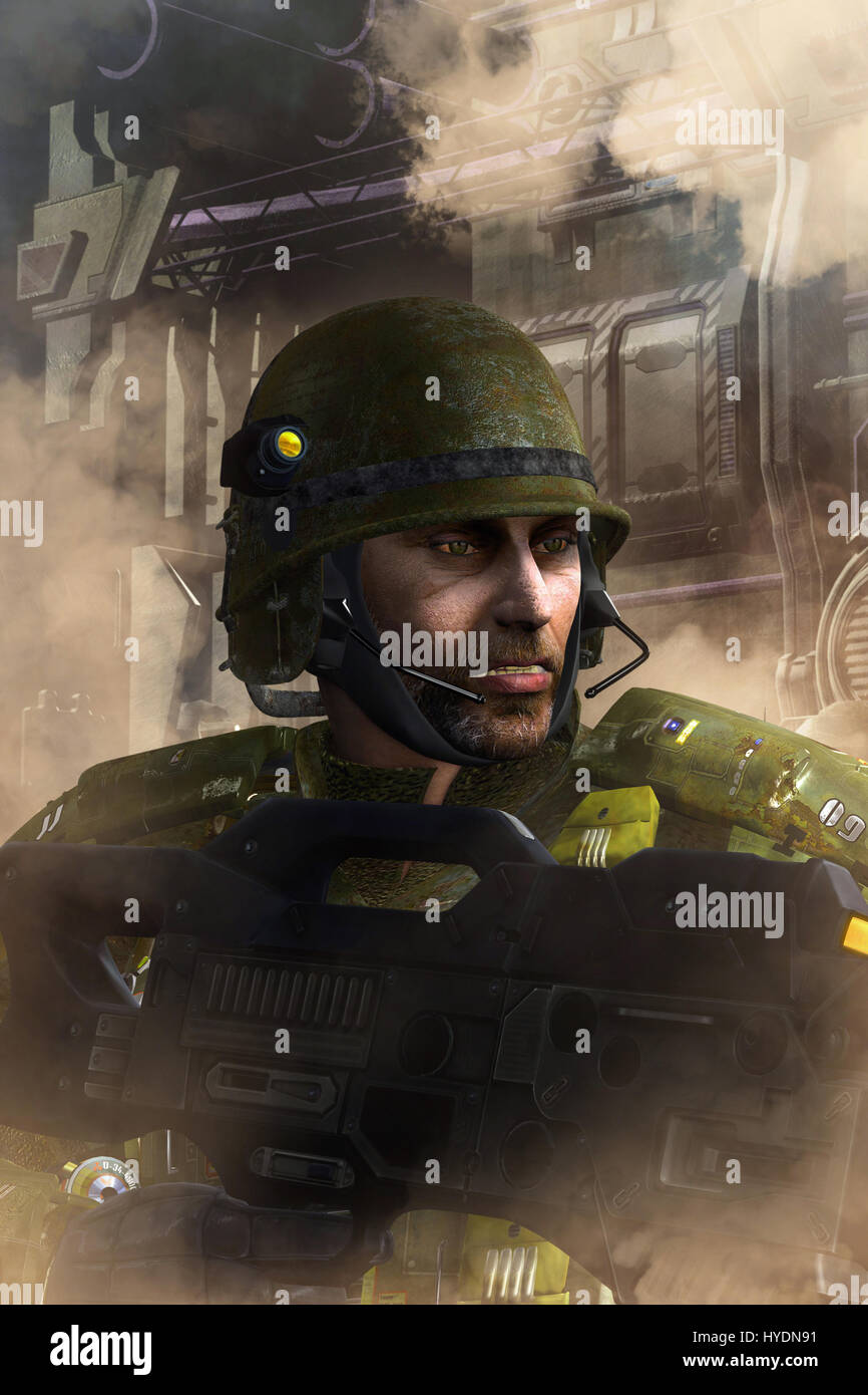 futuristic soldier in combat 3D render science fiction illustration ...