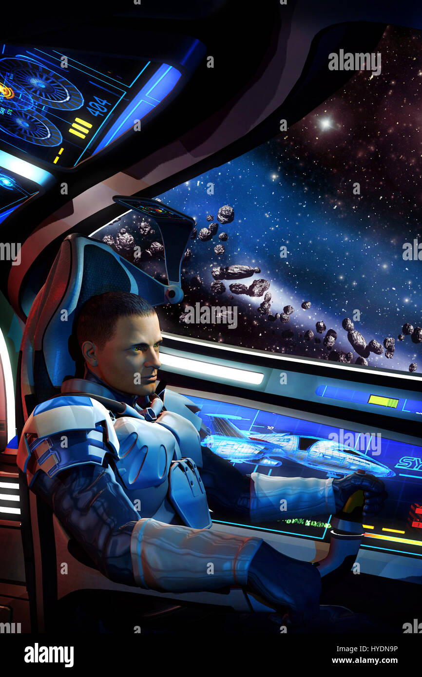 space pilot spaceship and asteroid field 3D render science fiction ...