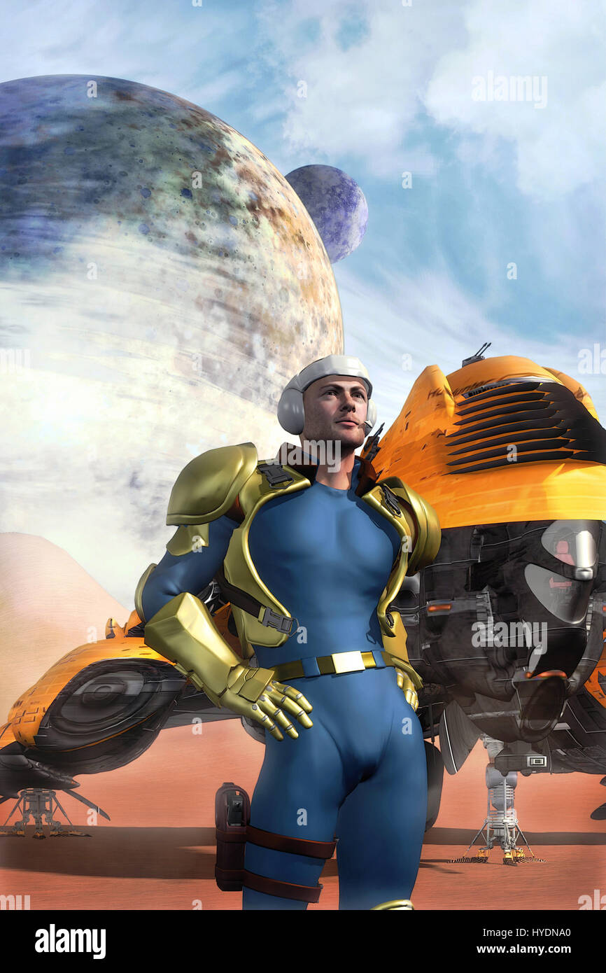galactic hero and spaceship 3D render science fiction illustration ...