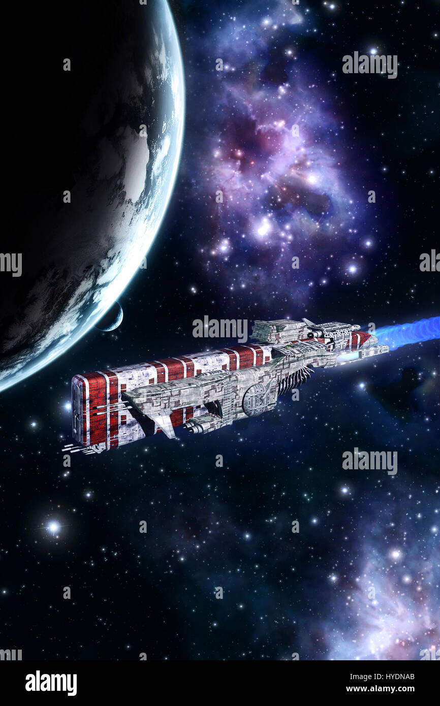 space battleship and planet 3D render science fiction illustration ...