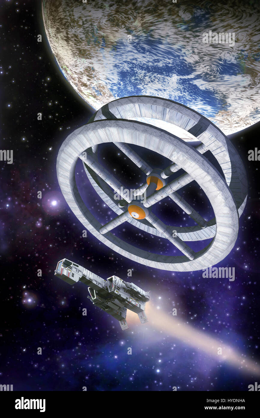 orbital space station and space fighter 3D render science fiction ...