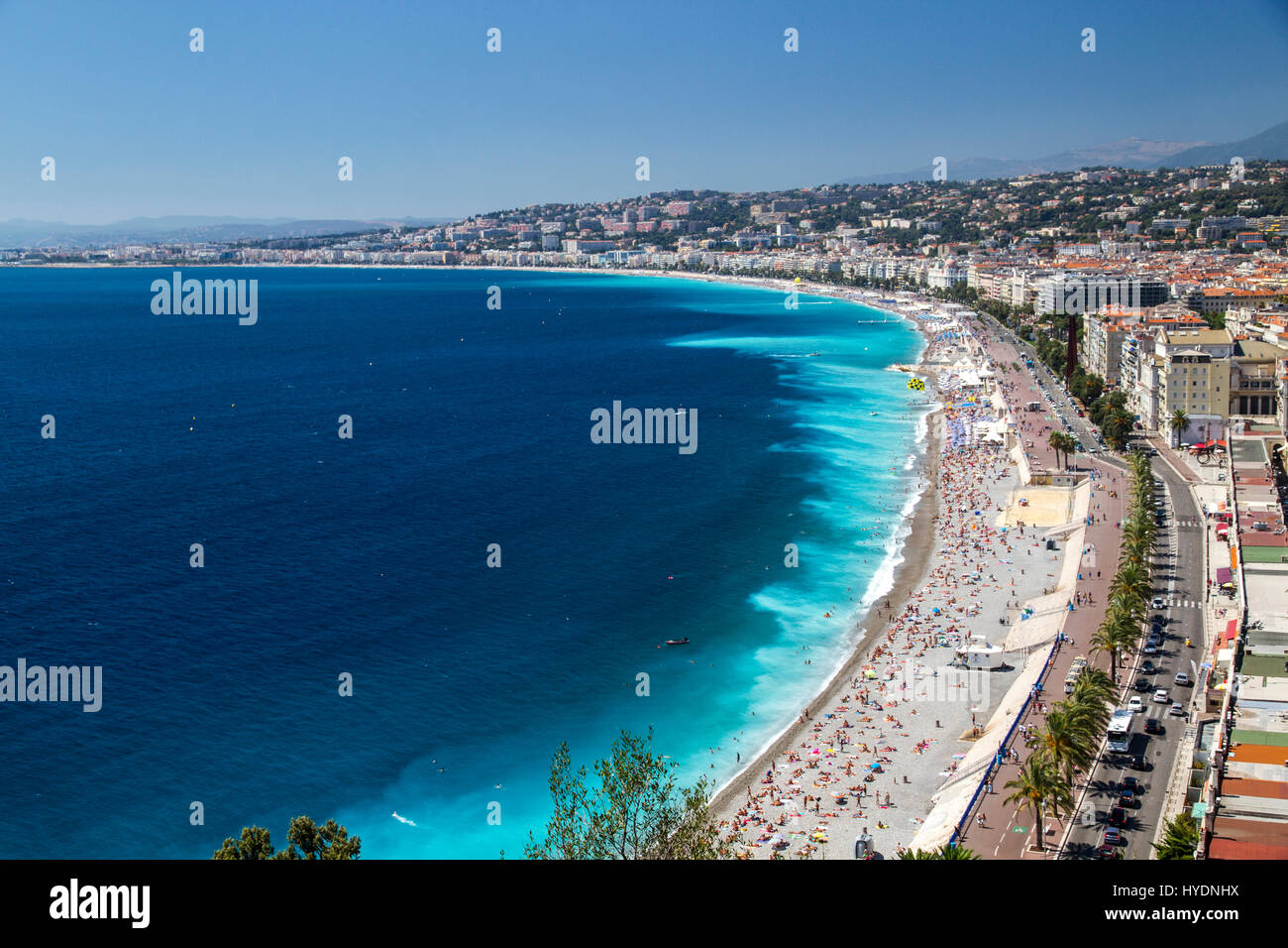 Nice, France elevated view from castle hill The crowded beach Stock ...