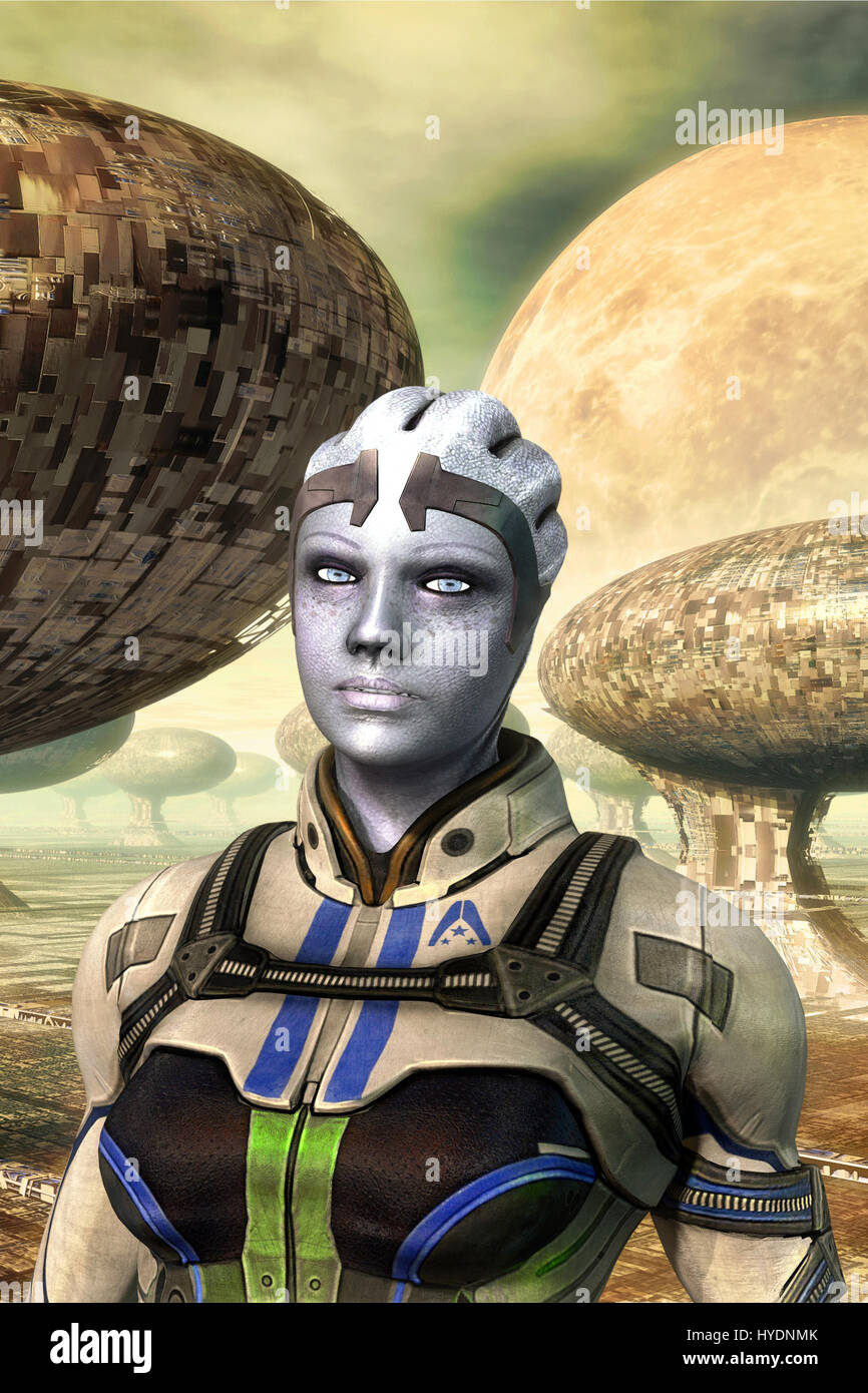 alien girl and city 3D render science fiction illustration Stock Photo ...