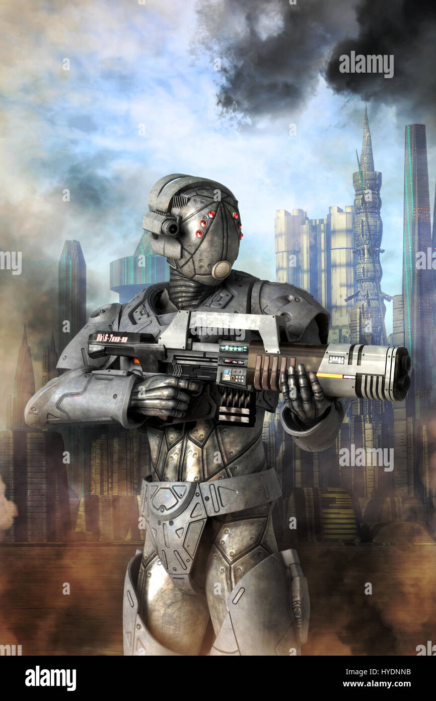 android robot heavy trooper 3D render science fiction illustration ...