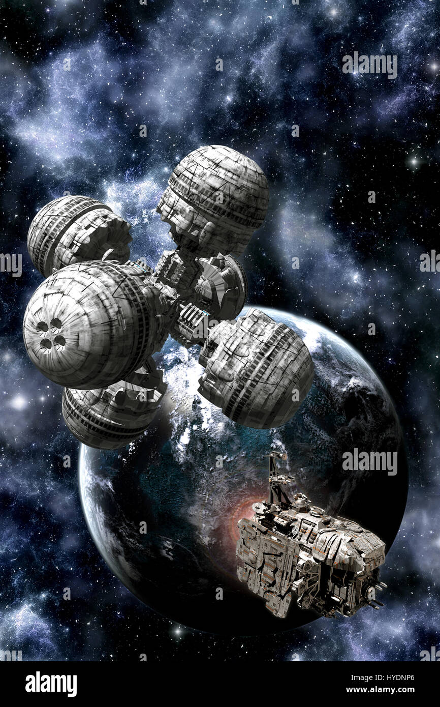 space station and cargo spaceship 3D render science fiction ...