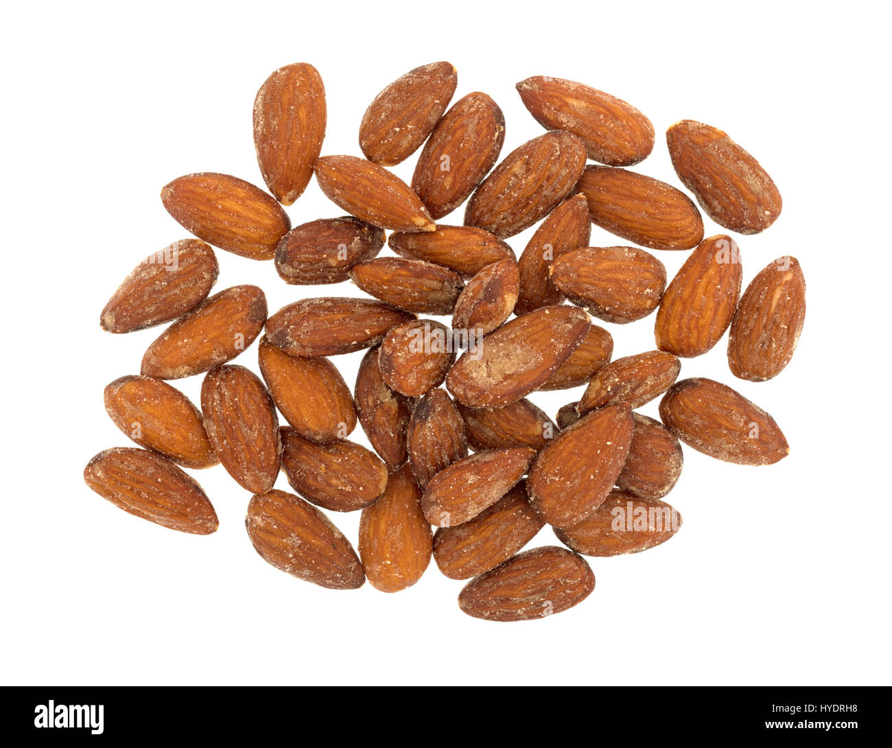 Top view of a portion of hickory smoked almonds isolated on a white ...