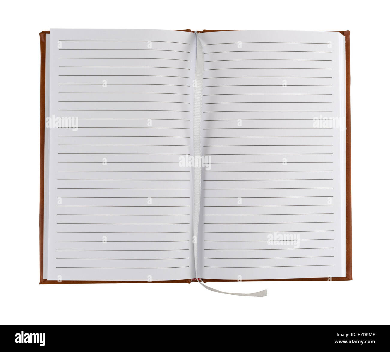 Top view of an opened brown leather journal with blank pages and a ...