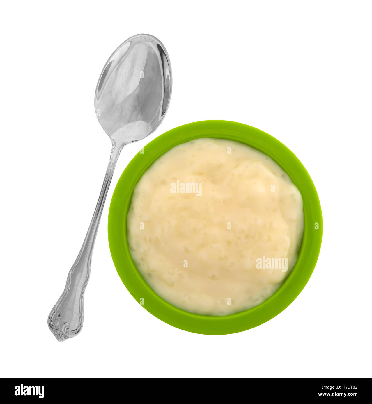 Top view of a serving of fresh tapioca pudding in a small green bowl ...