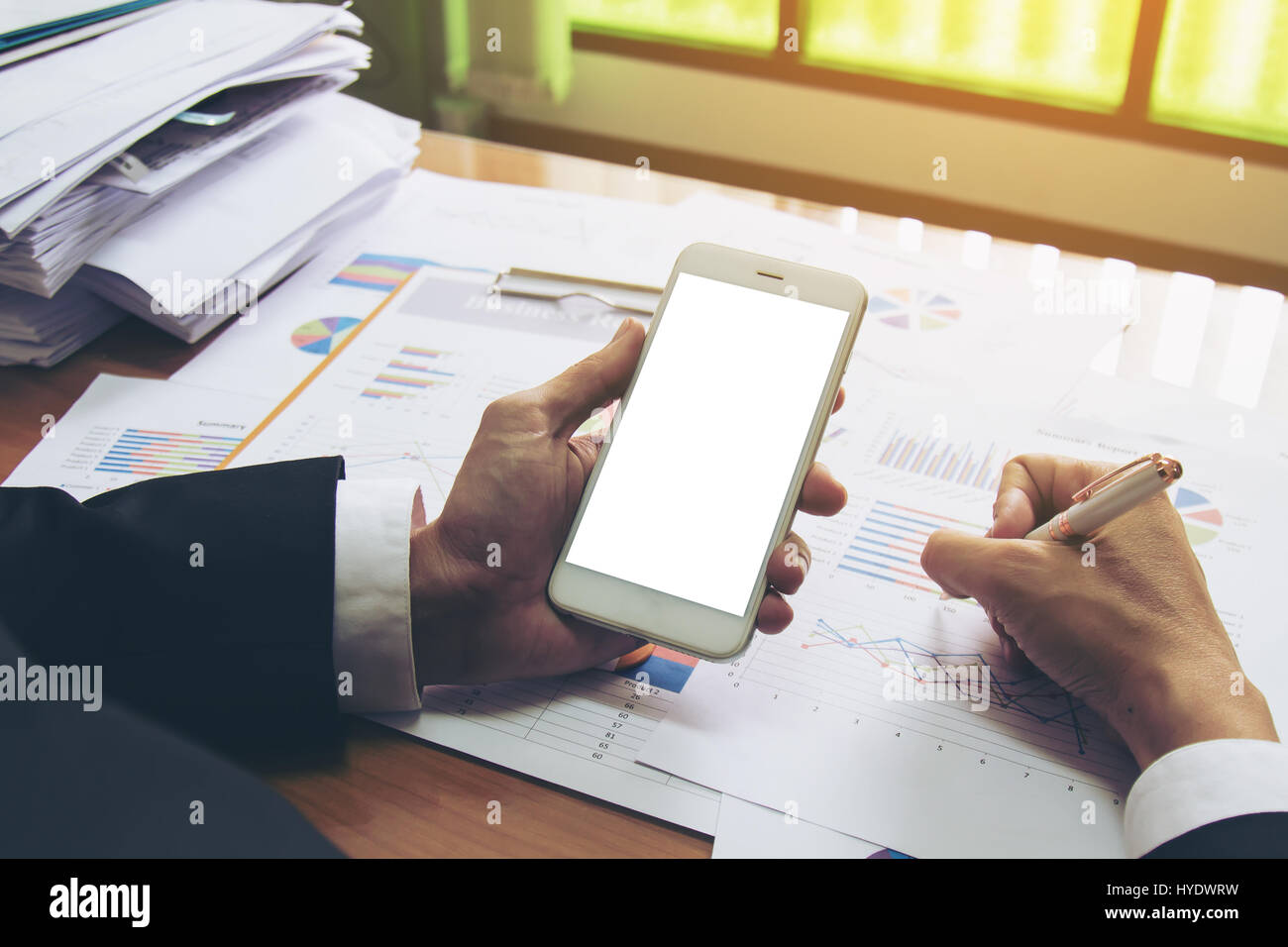Businessman working check business report. The blank screen with copy ...
