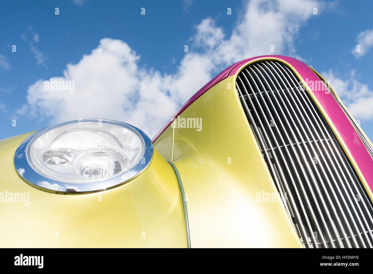 restored classic car radiator grille closeup against blue sky Stock ...