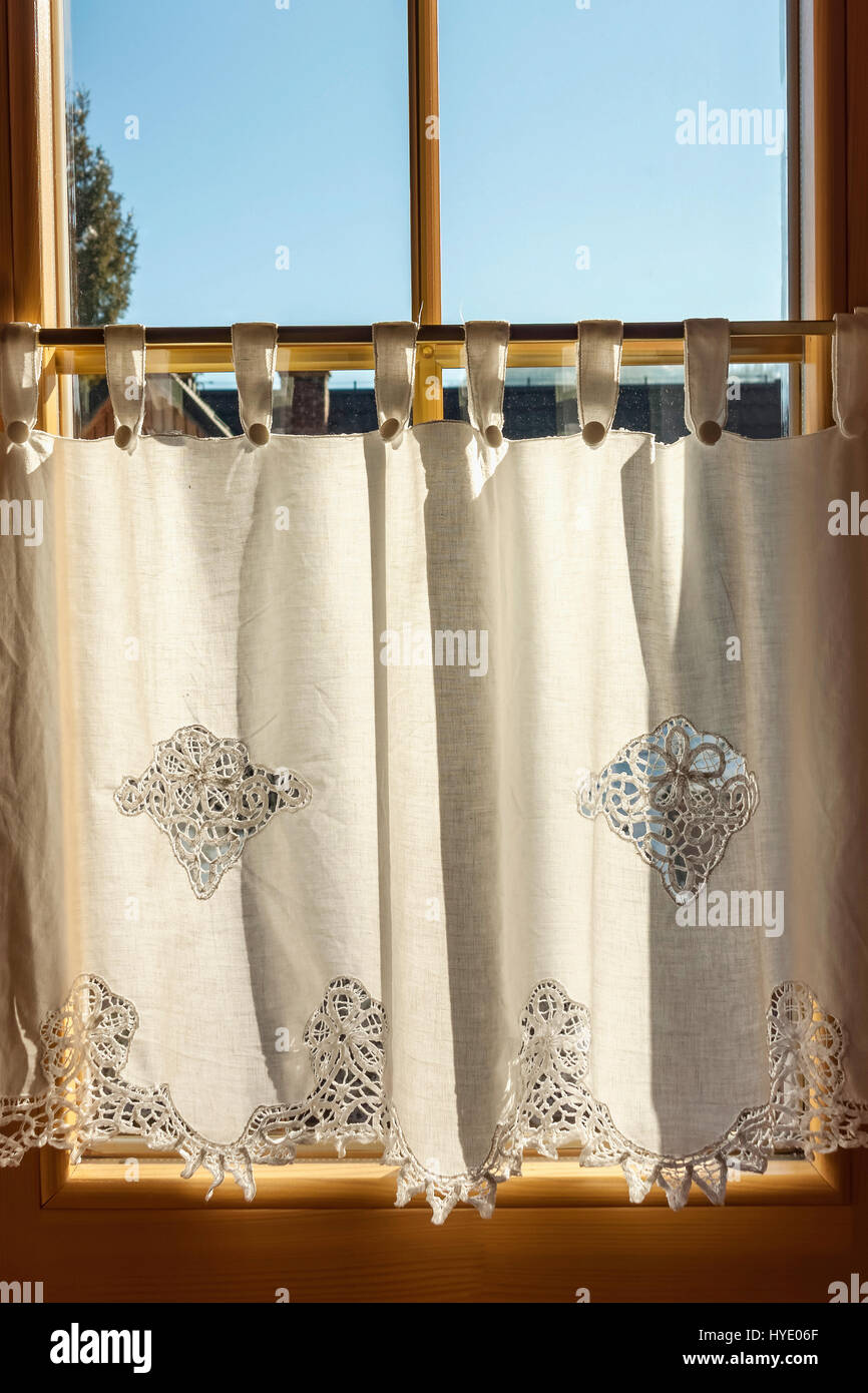 Window with decorative cafe courtains Stock Photo - Alamy